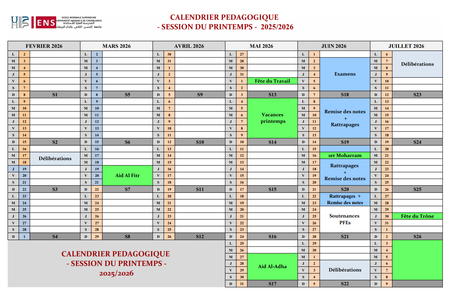 CALENDRIER SESSION PRINTEMPS ENSC 25-26 – ENS Casablanca – Université ...